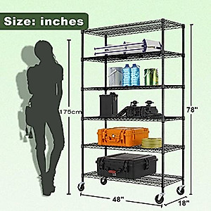 Storage shelves, 6-Tier Wire Shelving Unit NSF Certified Storage Rack 18"D x 48"W x 78"H 6000Lbs Capacity Adjustable Layer Heavy Duty Metal Rack Steel with Casters for Kitchen Garage Pantry Black