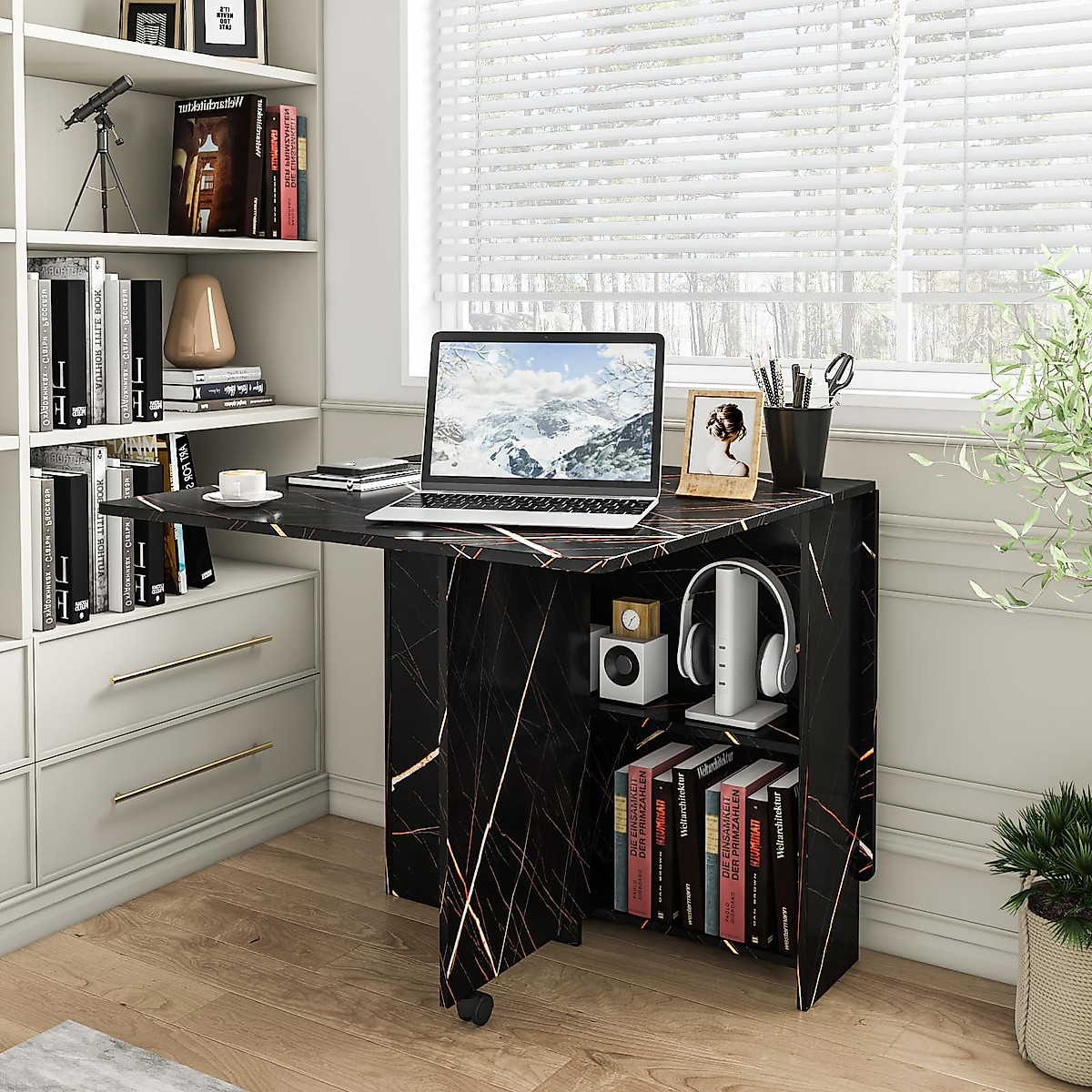 VANSPACE Folding Dining Table Drop Leaf Kitchen Table with Storage for Small Spaces Multifunction Space Saving Table Extension Dinner Table Black Marble