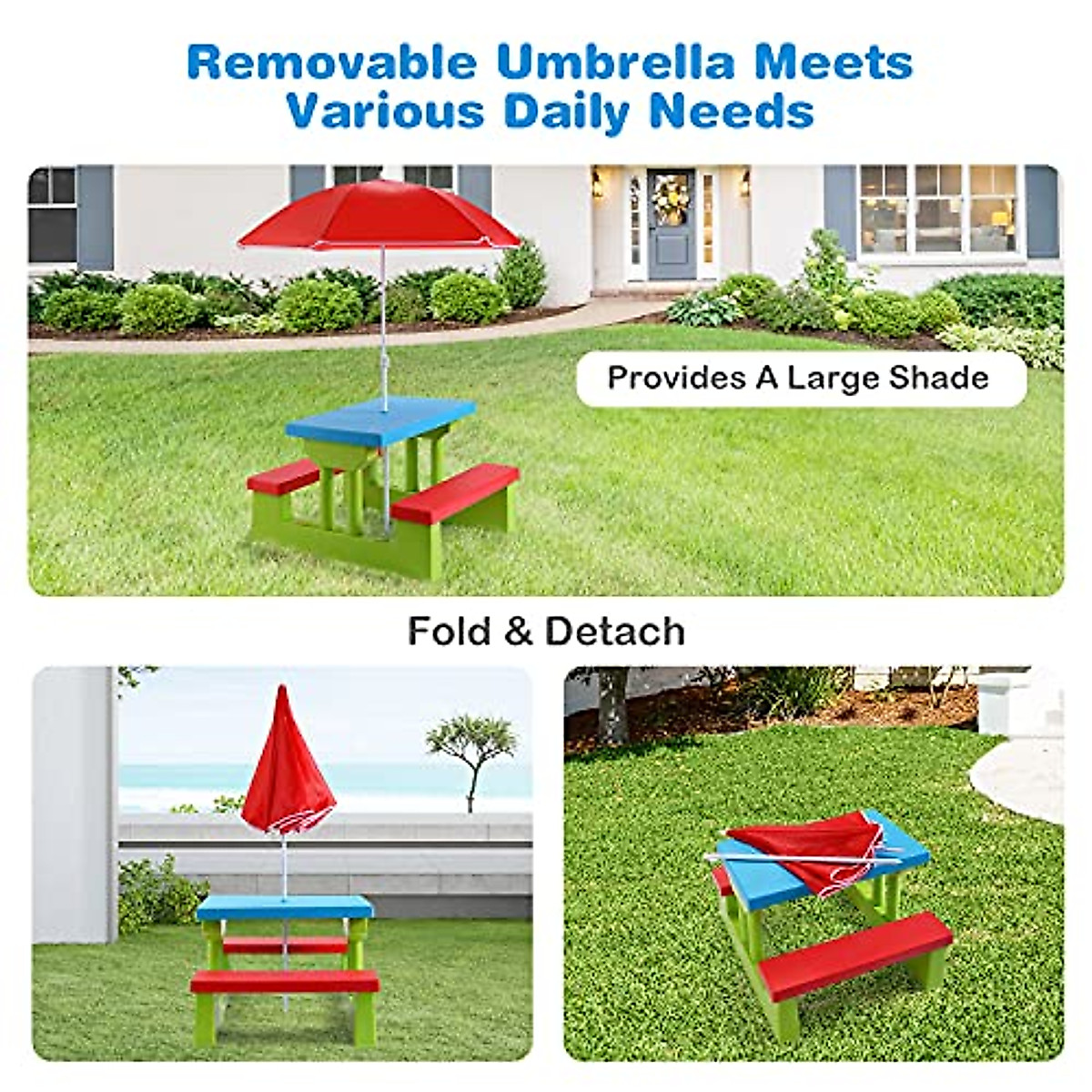 HONEY JOY Kids Picnic Table, Toddler Plastic Outdoor Table & Bench Set with Umbrella, Children Patio Furniture Set for Backyard Garden, Kids Picnic Tables for Outdoors, Gift for Boys Girls Age 3+