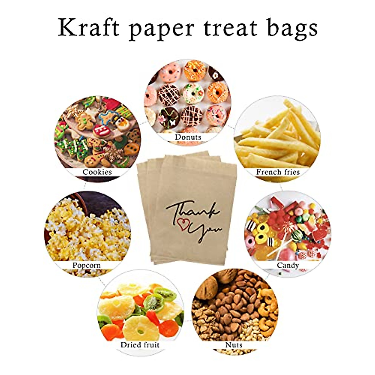 Jexila 100 Pack Thank You Paper Treat Bags Flat Kraft Cookie Favor Bag for Candy Snack Bakery Wedding Party Gift Bags( 5''X7'')