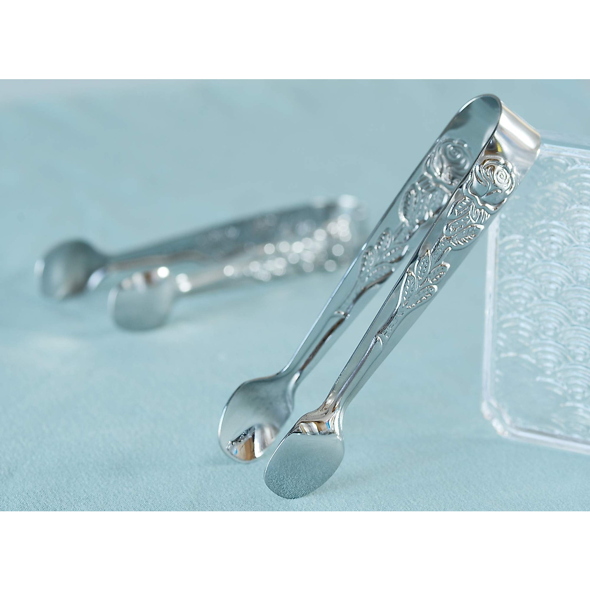 HINMAY 6PCS Mini Serving Tongs 4-Inch Small Rose Sugar Cube Tongs (Silver)