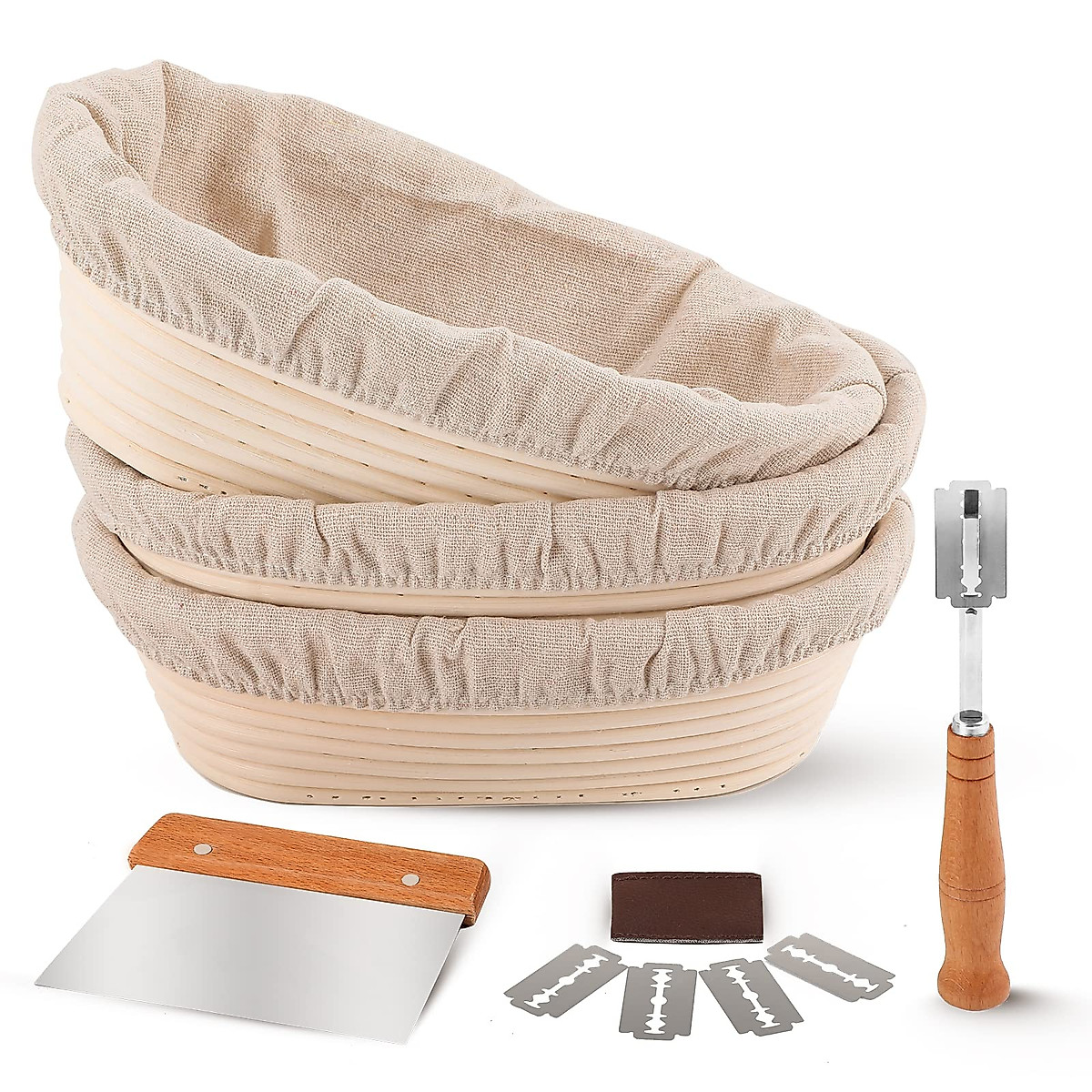 Komiikka Banneton Bread Proofing Baskets Set of 2, 10 inch Oval Proofing Baskets for Sourdough Bread Baking with Liner Scoring Lame Metal Scraper, Gifts for Bakers