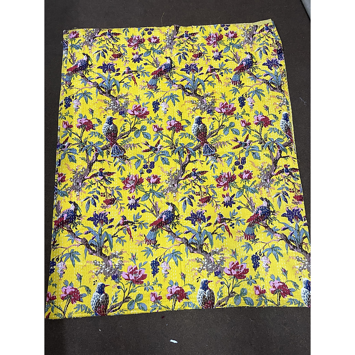 Birds Print Indian Cotton Hand Stitched Kantha Quilt Bedding Throw Bedcover Queen Size Blanket Home Decorative Gudari Bedspread KQ-49