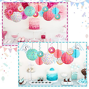 20 Pcs Donut Birthday Party Decorations, 8 Pcs Donut Lanterns Sprinkle Hanging Paper Lanterns, Honeycomb Ball, 2 Pcs Party Paper Fans, 10 Pcs Donut Hanging Swirl for Baby Shower Ice Cream Party