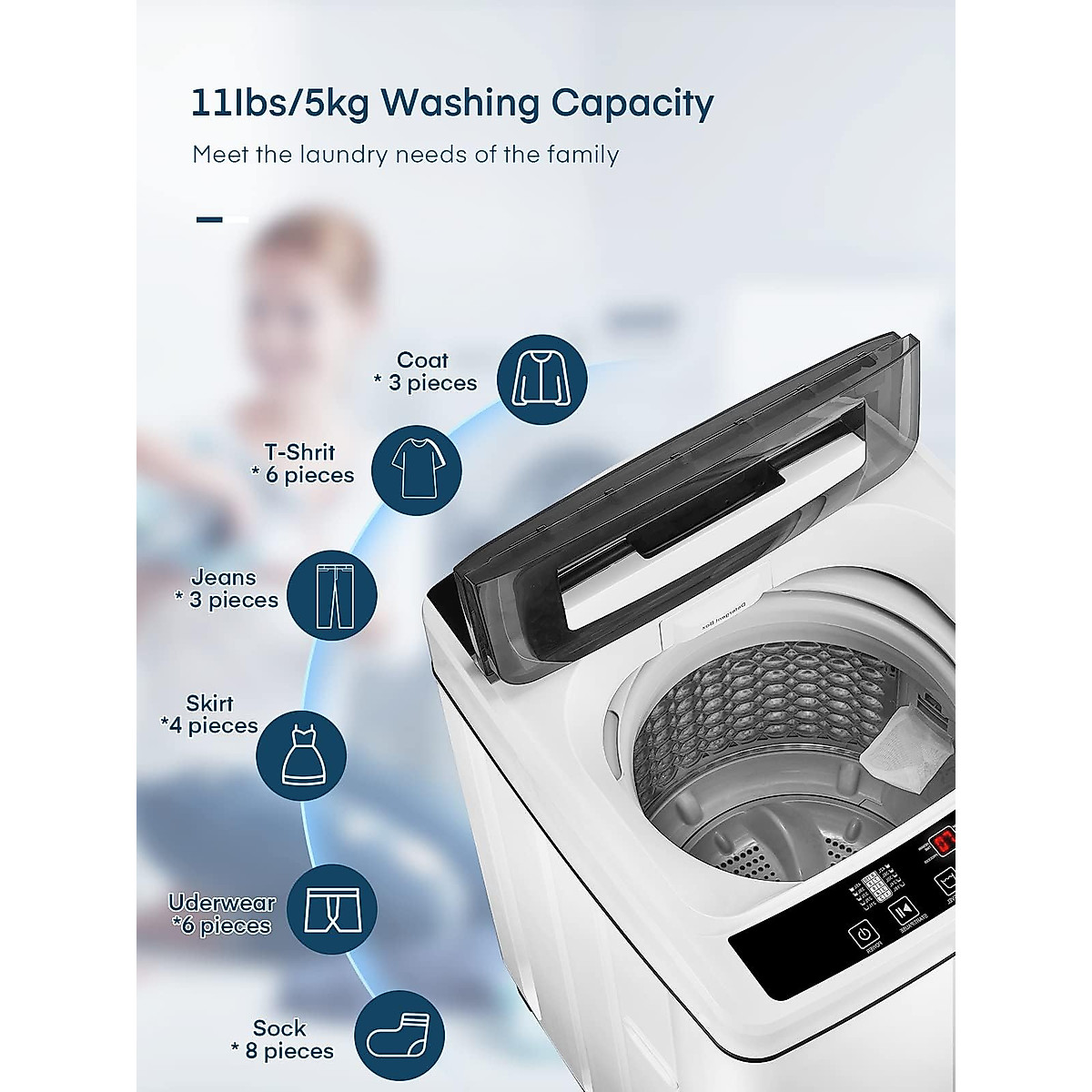 Portable Washing Machine 1.5 Cu.Ft, FOHERE 11lbs Compact Washer with Spinner Combo, 8 Programs, Includes Quick Connect Sink Adapter and Drain Hose, for Apartments, RVs, Dorms