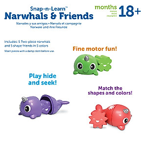 Learning Resources Snap-n-Learn Narwhals & Friends, 15 Pieces, Ages 18 Months+, Baby and Toddler Toys, Educational Toys, Color and Shape Recognition, Fine Motor Skills