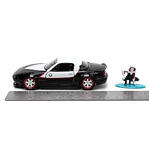 Jada 1990 Mazda Miata Black and White with Graphics and Ghost Spider Diecast Figure Spider-Man Marvel Series 1/32 Diecast Model Car
