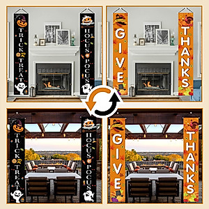 3 Pieces Halloween Trick or Treat&hocus pocus Banner and Thanksgiving Reversible Banner Happy Fall Harvest Thanksgiving Halloween Day Porch Sign Hanging Sign for Fall Decorations Outdoor,Front Door