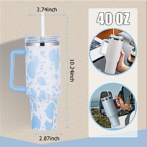 Xereizo 40 oz Tumbler with Handle and Straw, Leak Proof Stainless Steel Insulated Travel Coffee Tumbler Cups Lid and Straw, Iced for 40 Hours Cupholder Friendly Water Bottle Mug, Cow Stripe Glacier