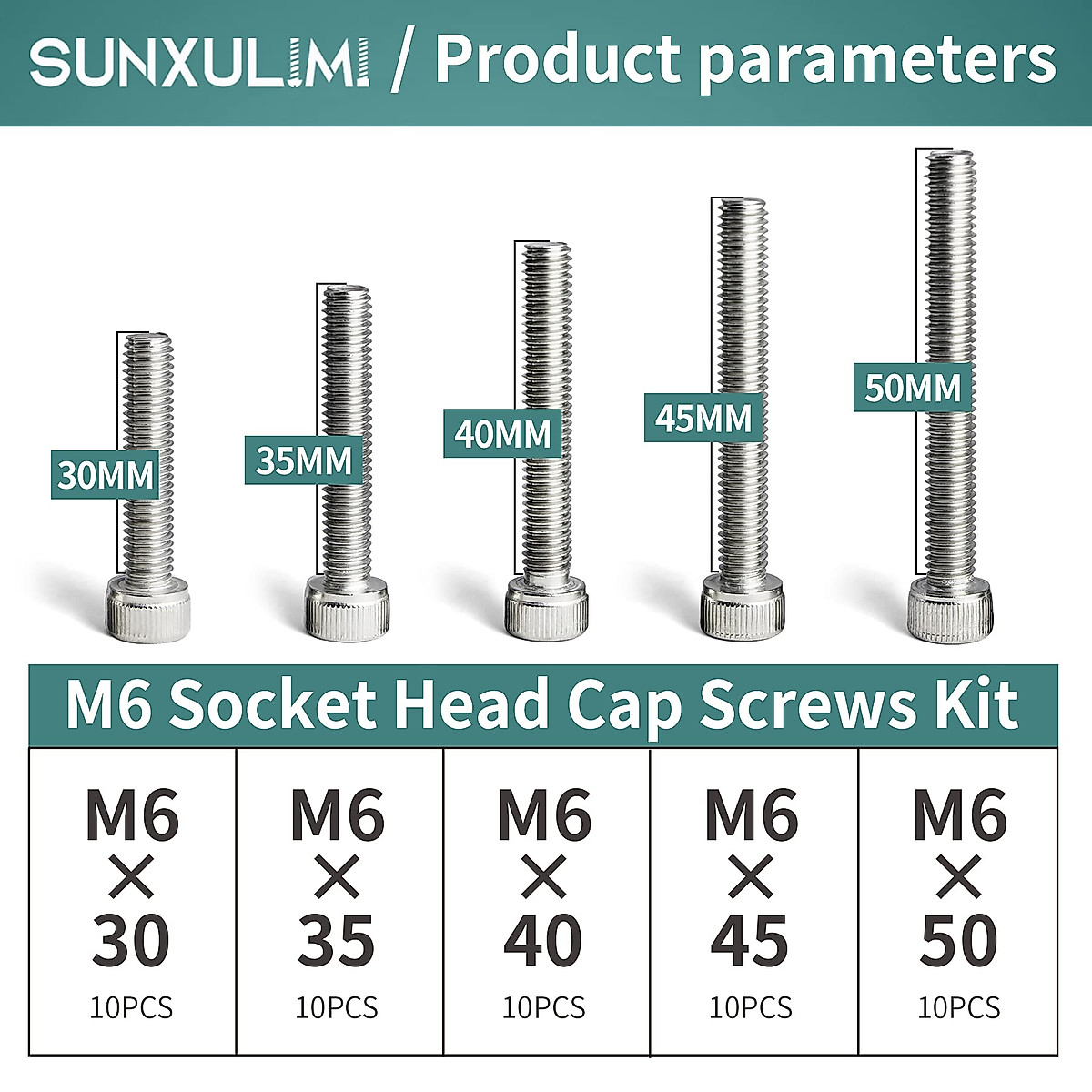 M6 x 30mm 35mm 40mm 45mm 50mm Socket Head Cap Screws Bolts 304 Stainless Steel Machine Metric Hex Socket Screw, 50PCS