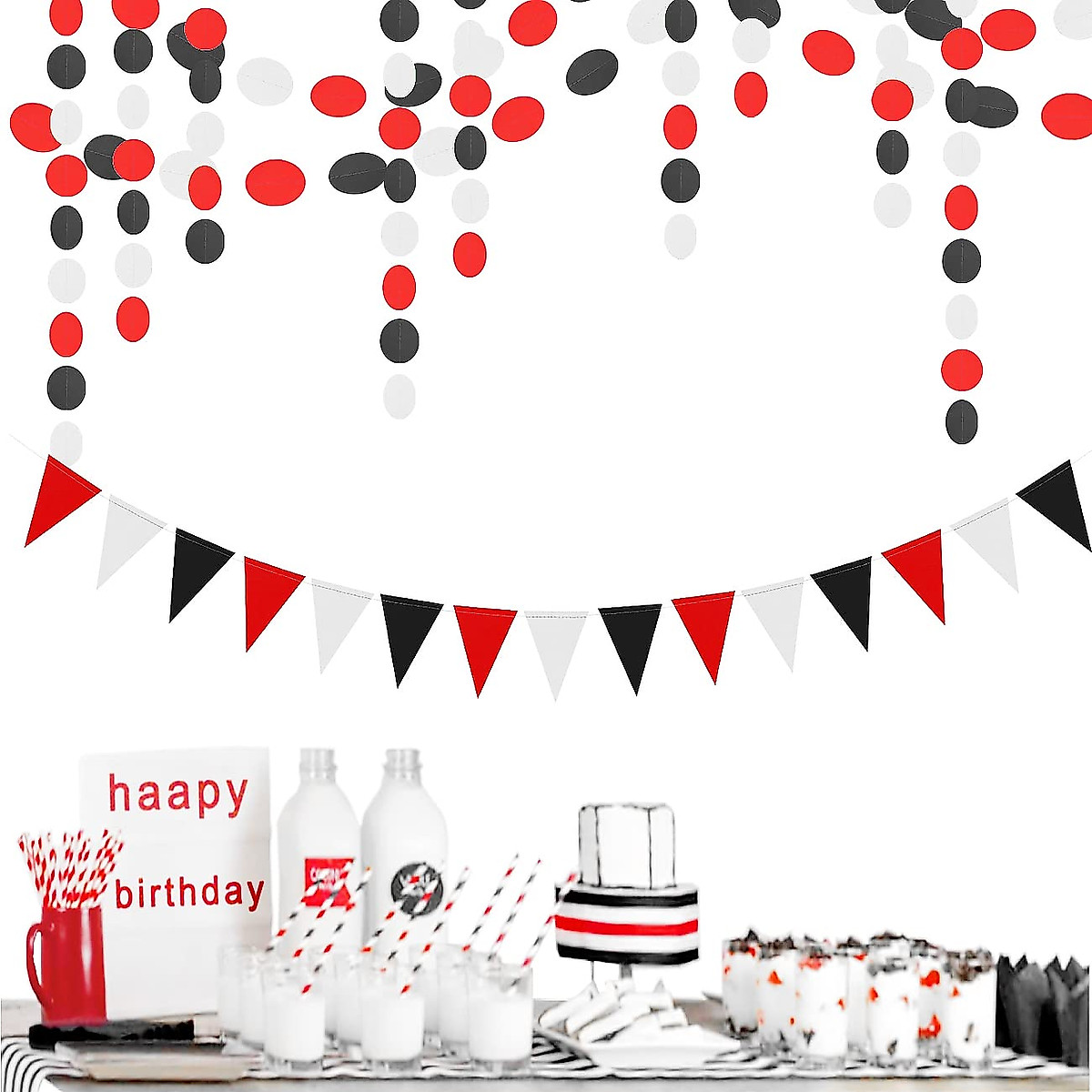 White Red and Black Party-Decorations - 2Pack Triangle Paper Pennant Banner Flags Birthday Wedding Graduation Bachelorette Decor