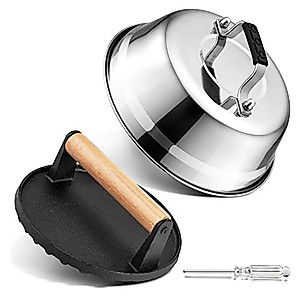 Cheese Melting Dome & Burger Press Kit, Joyfair 9 inch Basting Cover with Cast Iron Grill Press for Outdoor Griddle BBQ, Flat Top Teppanyaki Grilling & Steaming Heavy Duty & Dishwasher Safe