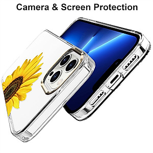 BAISRKE Compatible with iPhone 13 Pro Max Case,Clear Case with Flowers,for Girly Women,Shockproof Floral Pattern Hard Back Cover for iPhone 13 Pro Max Case 6.7 inch 2021 - Yellow Sunflower