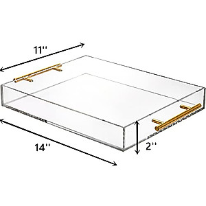 Lyellfe Acrylic Serving Tray with Gold Handles, 14 x 11 Inch Lucite Tray for Coffee Table, Spill-Proof Clear Food Serving Tray for Breakfast, Coffee, Cosmetic or Magazine