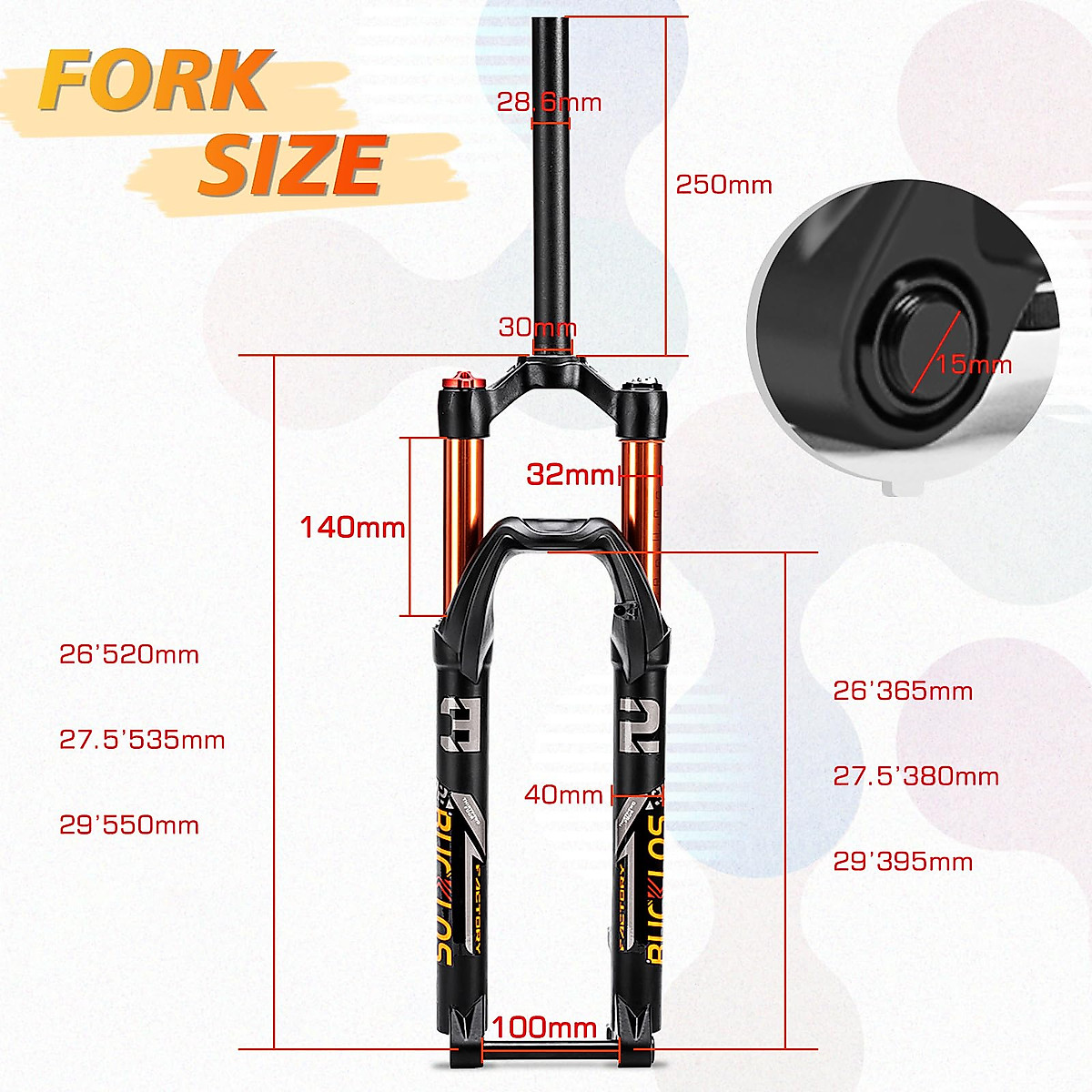 BUCKLOS 26/27.5/29 inch MTB Fork 120mm Travel, 1-1/8" Straight/Tapered Mountain Bike Fork Rebound Adjust, 15mm×100mm Axle, Manual Lockout Air Shock