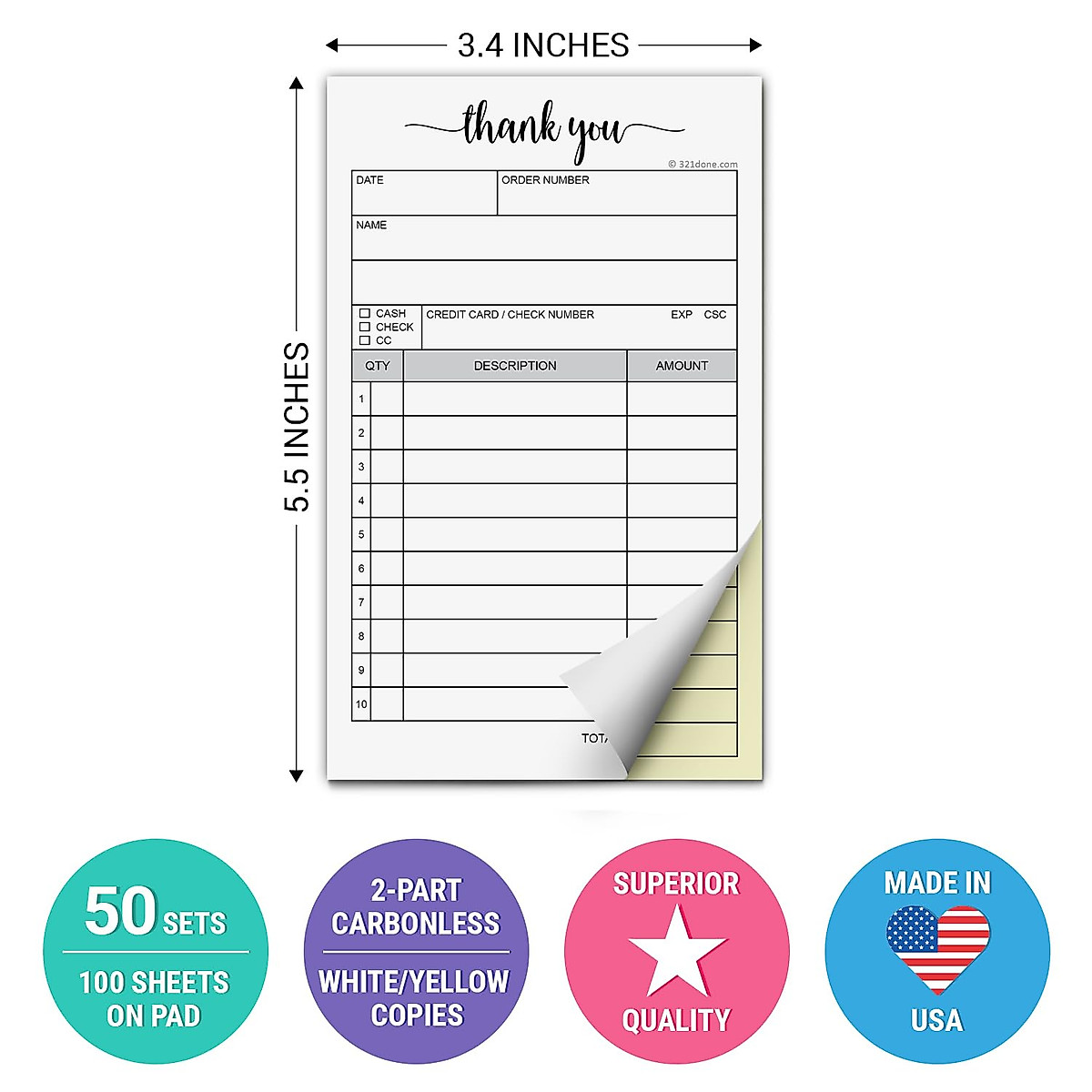 321Done Thank You Receipt Book, 3.4x5.5 Handheld 2-Part Carbonless, Made in USA, Carbon Duplicate Copy Sales Order Form, Invoice Pad, Cute Convenient for Small Boutique Business (50 Sets) White/Yellow