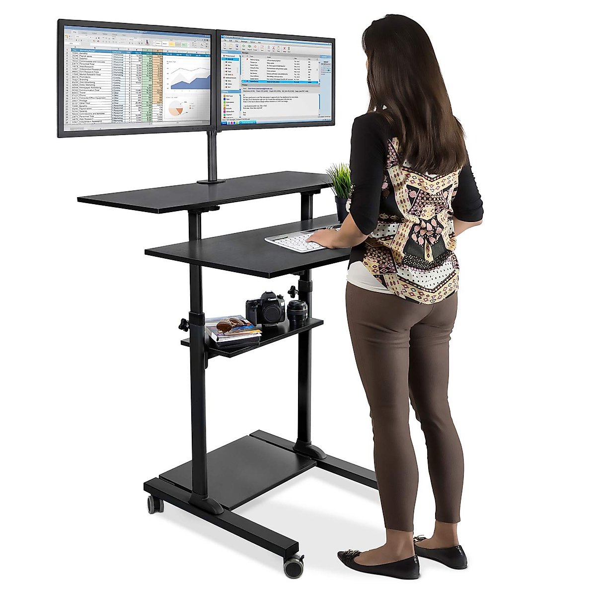 Mount-It! Mobile Computer Cart, Portable Desk on Wheels - 40" Wide Tabletop, Height Adjustable Workstation up to 64" Tall with Dual Monitor Mounts up to 72", Rolling Computer Desk, Screens 27", Black