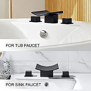 BANGPU Waterfall Bathroom Faucets, Modern Bathroom Sink Faucet 3 Holes Widespread Dual Handle Brass Basin Faucet Mixer Taps with Supply Hoses, Matte Black Vanity Sink Faucet