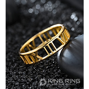King Ring 6mm Roman Numeral Ring – Stainless Steel Delicate & Durable Ring Jewelry – Hollow Out Finger Ring – Unique Design & Elegant Outlook – Gold 8
