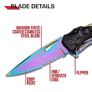 TAC Force Spring Assisted Folding Pocket Knife – Rainbow TiNite Coated Stainless Steel Blade with Black Aluminum Handle, Bottle Opener, Glass Punch and Pocket Clip, Tactical, EDC, Rescue - TF-705RB