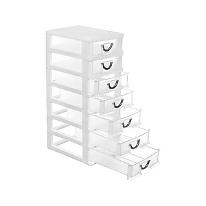 Rempry 7.1"x5.1"x13.2" Mini Organizer Box Storage Container Case with 7 Clear Desktop Drawer Units,White