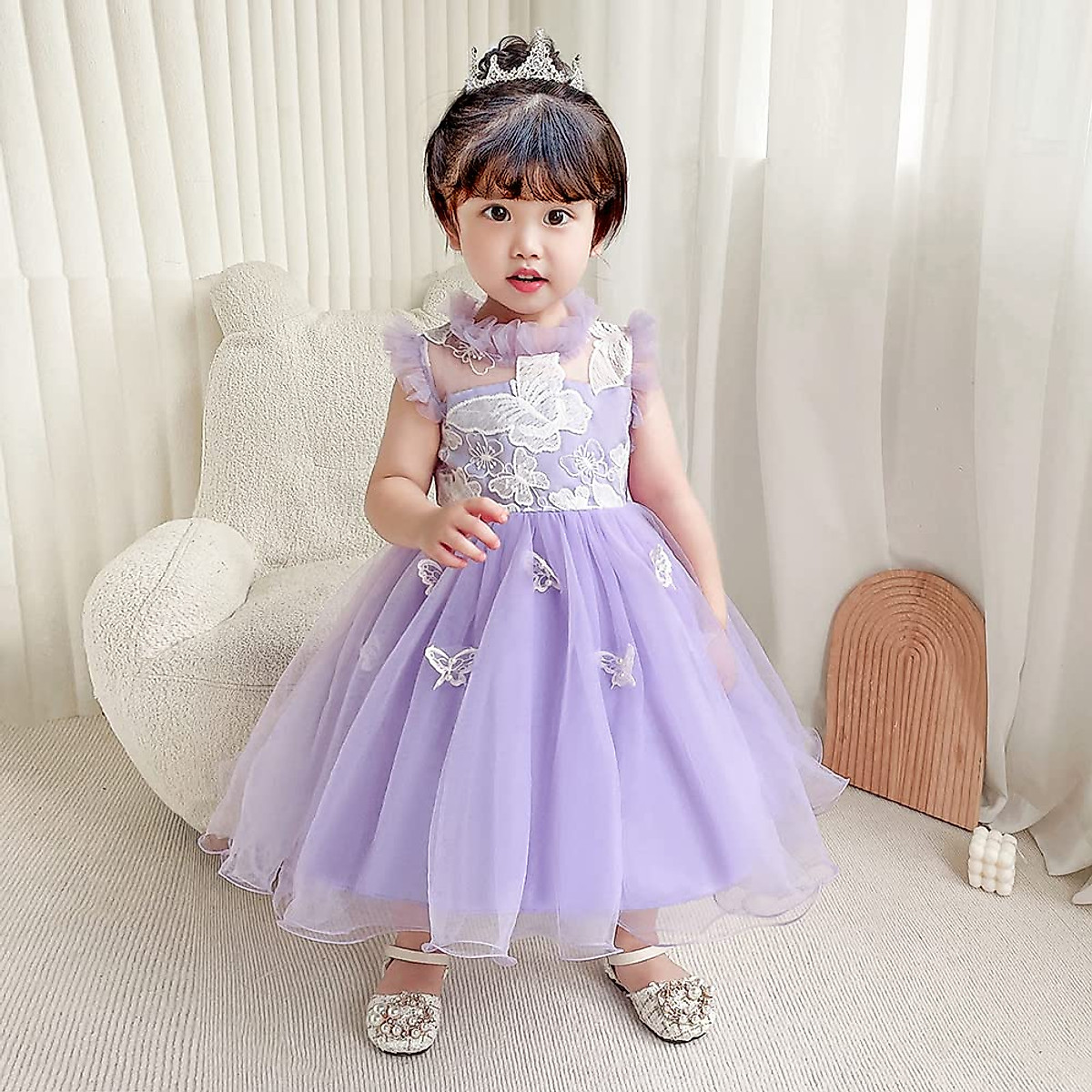 Baby Girls Birthday Dress Infant Ruffled Butterfly Embroidered Special Occasion Dresses (80/12-18M, Purple)