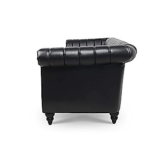 84" Chesterfield 3 Seater Sofa Black with Rolled Arm, Mid Century Modern Striped PU Leather Couch for Small Spaces