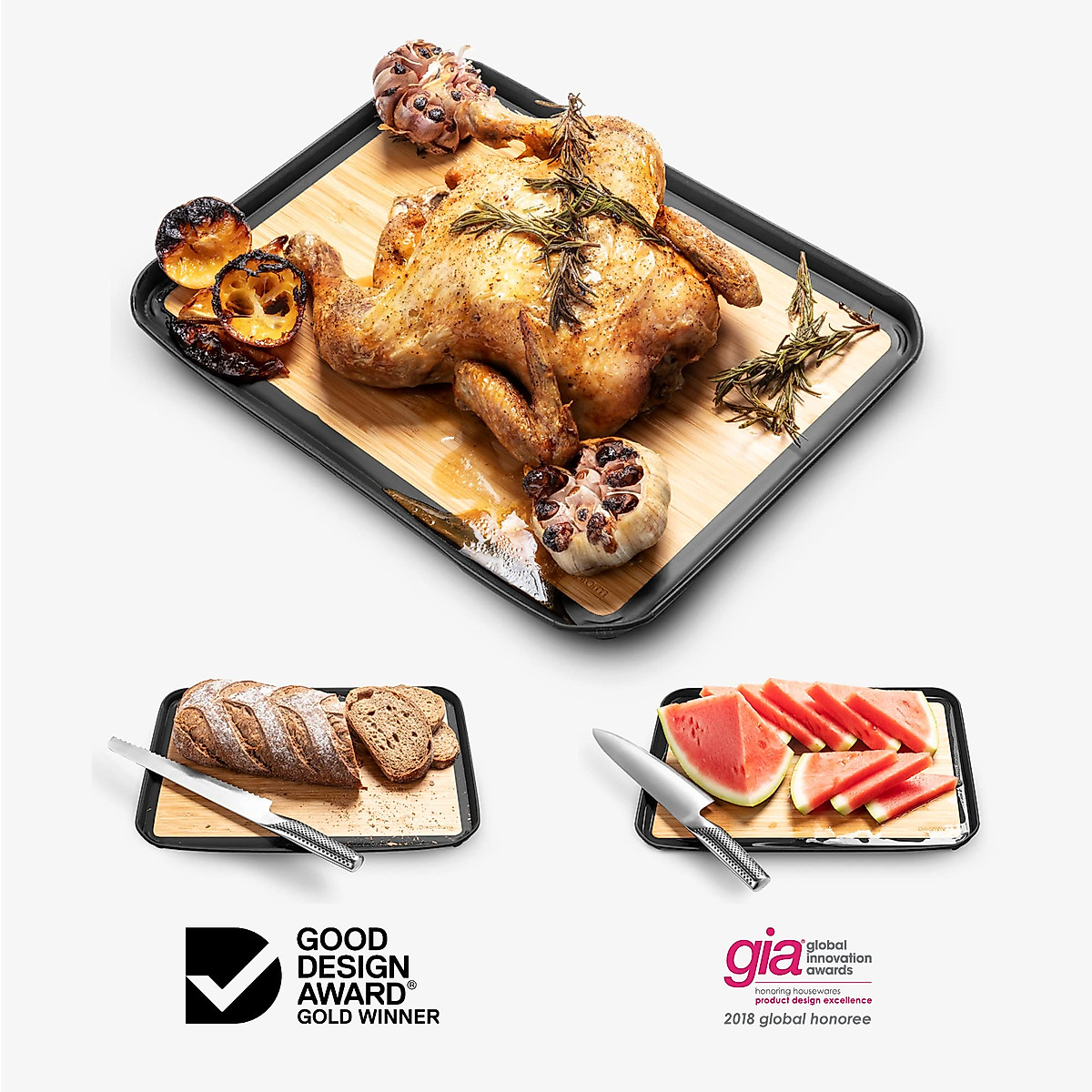 Dreamfarm Set of Fledge Bamboo | Two Double Sided Cutting Boards with Juice Grooves | With Non-Slip Rubber Feet | Transport & Serve Food from Counter to Pot with Flip Up Edges | Bamboo