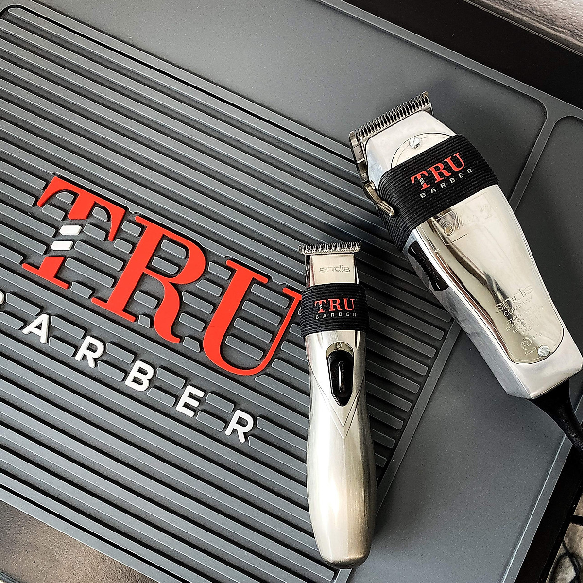 TRU BARBER Organizer Mat 18" X 13" (Charcoal Grey) Flexible PVC Station Mat, Salon Barbershop work station pads, Beauty salon tools, Counter mat for clippers, anti slip