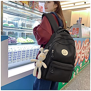 MININAI Preppy Backpack with Cute Pendant Women Smile Face Laptop Backpack Kawaii Lightweight Aesthetic College Backpack (Black,One Size)