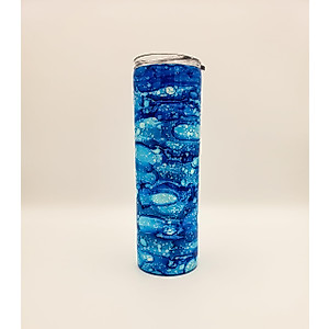 Blue White Pebble Bubble NO Glitter Alcohol Ink 30 oz Skinny Stainless Steel Hot Ice Cold Tumbler Drink Cup HOGG