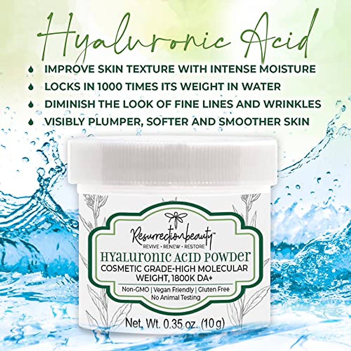 Pure Hyaluronic Acid Powder High Molecular Weight Sodium Hyaluronate to Make Your Own Premium Moisturizing Beauty Serum, Skincare Mask Treatment, Vitamin C Serums & DIY Facial Skin Care Products 10g