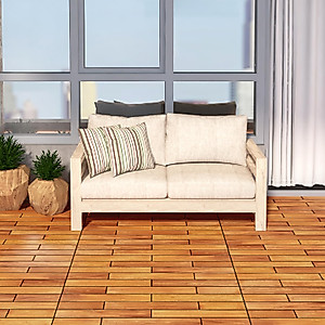 HOUSE84VN Solid Acacia Wood Interlocking Deck Tiles (Pack of 6, 24" x 12"), Indoor/Outdoor Deck Flooring, Waterproof All Weather (24X12, Natural Color)