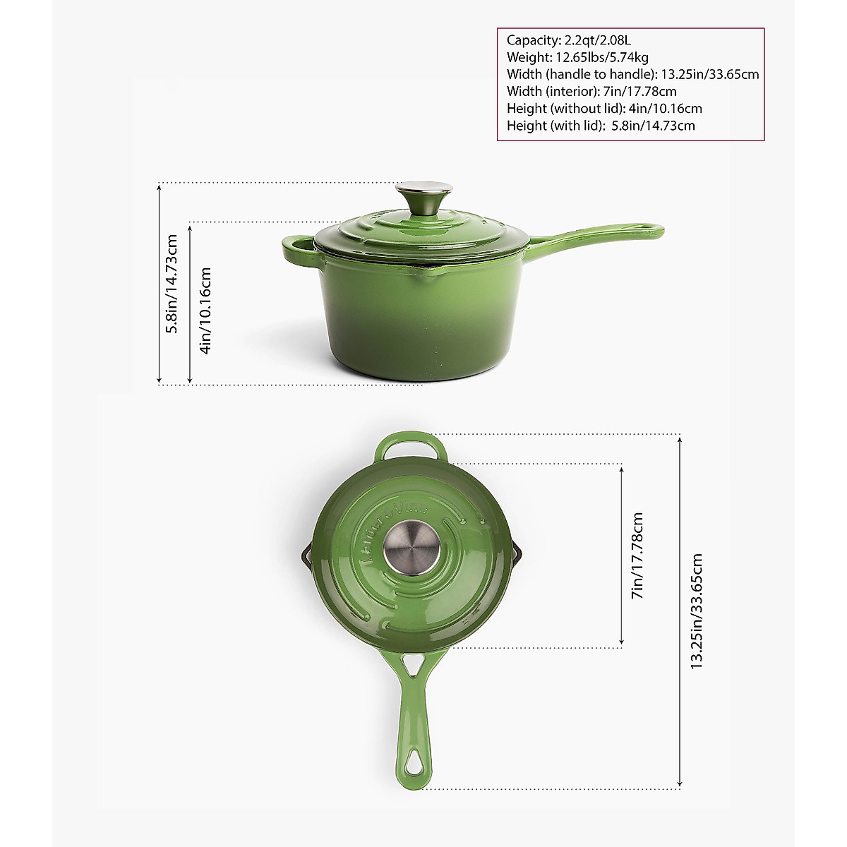 Larder & Vine 2.2 Quart Enameled Cast Iron Saucepan with Lid, Cast Iron Pan with Pour Spouts, Ergonomic Handle, Helper Handle, Stainless Steel Knob, Self-Basting Lid with Drip Bumps (Okra)