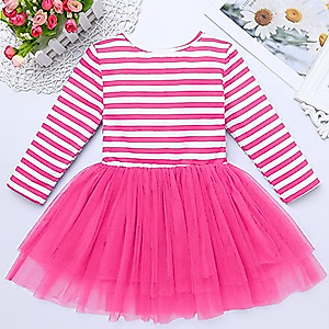Baby Girls Shinny Stripe Long Sleeve Printed Princess Casual Birthday Tutu Tulle Dress Hot Pink Crown(Two Years)