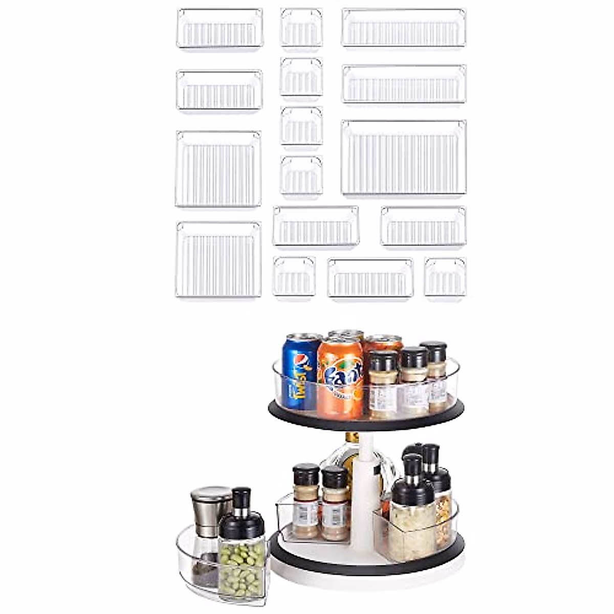 Kootek 16 Pcs Desk Drawer Organizer and 2 Tier Adjustable Lazy Susan Turntable Non-Skid Kitchen Cabinet Organizer