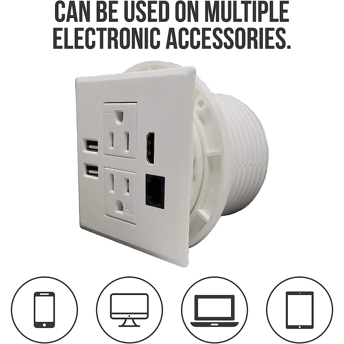 Round Desktop Conference Room Power Grommet Outlet, FITS 3 1/8" - 3 1/4" 2 (TR) AC Outlets, 2 USB Charging Ports, 1 CAT 6, 1 HDMI, ETL Listed (DC-8589_White-Square)
