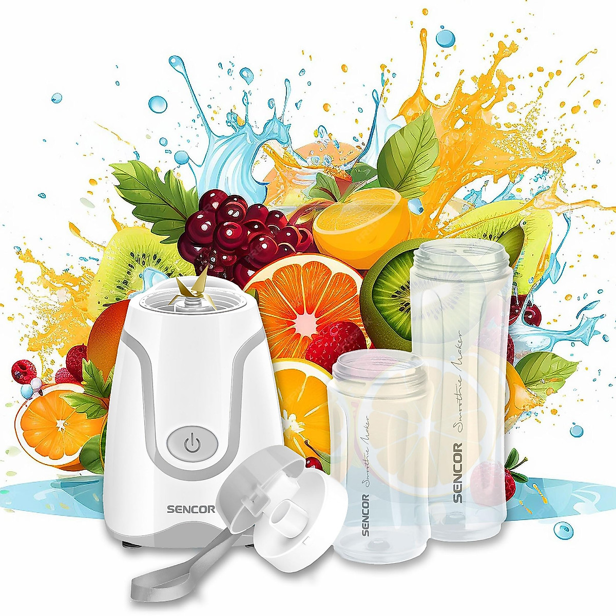 Sencor Smoothie Blender, Blender for Fitness Shakes and Smoothies, Portable Personal Blender for Frozen Protein Juice Drinks. Smoothie Maker with Extra Blender Cup and Lid. 300w WHITE