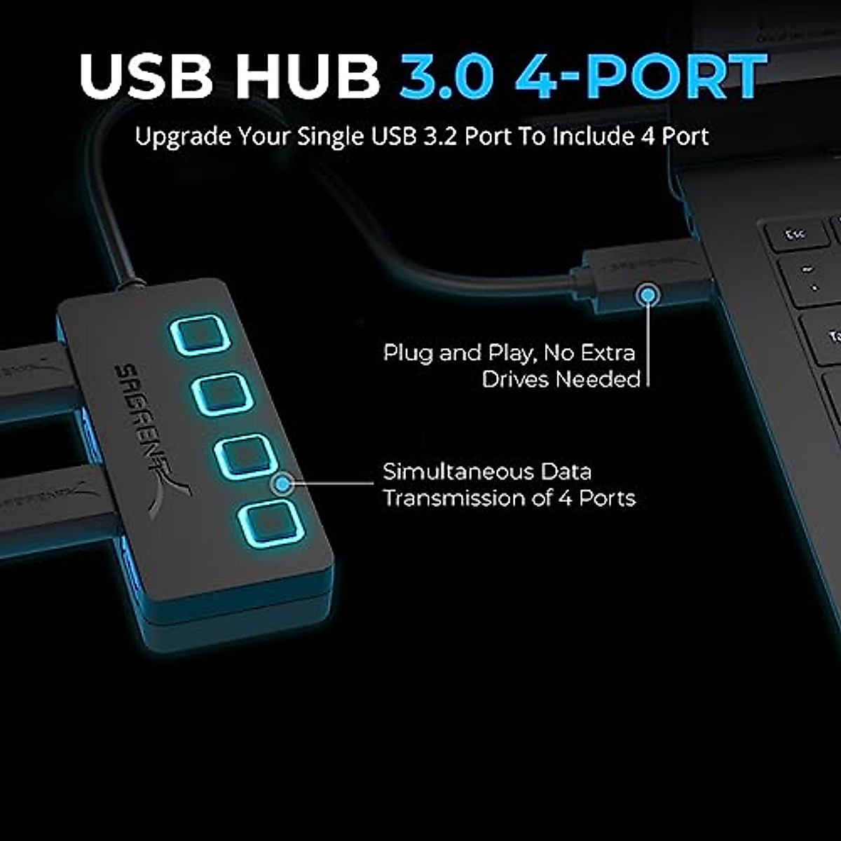Sabrent 4-Port USB 3.0 Data Hub with Individual LED Power Switches | 2 Ft Cable | Slim & Portable | for Mac & PC (HB-UM43)