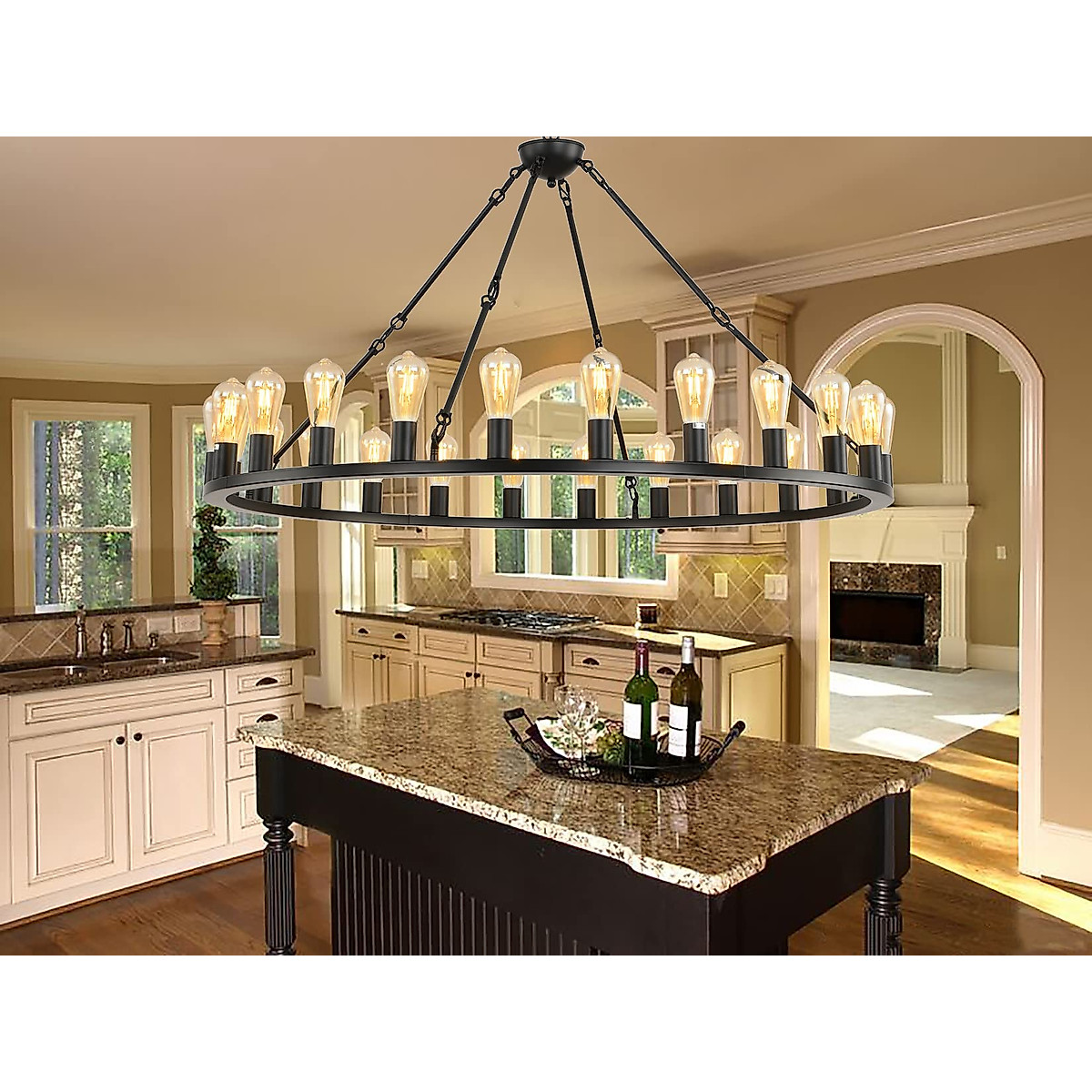 celimi Wagon Wheel Chandelier Large Black Round Modern Farmhouse Light Fixtures for High Ceilings, Dining Room,Living Room (24-lights)