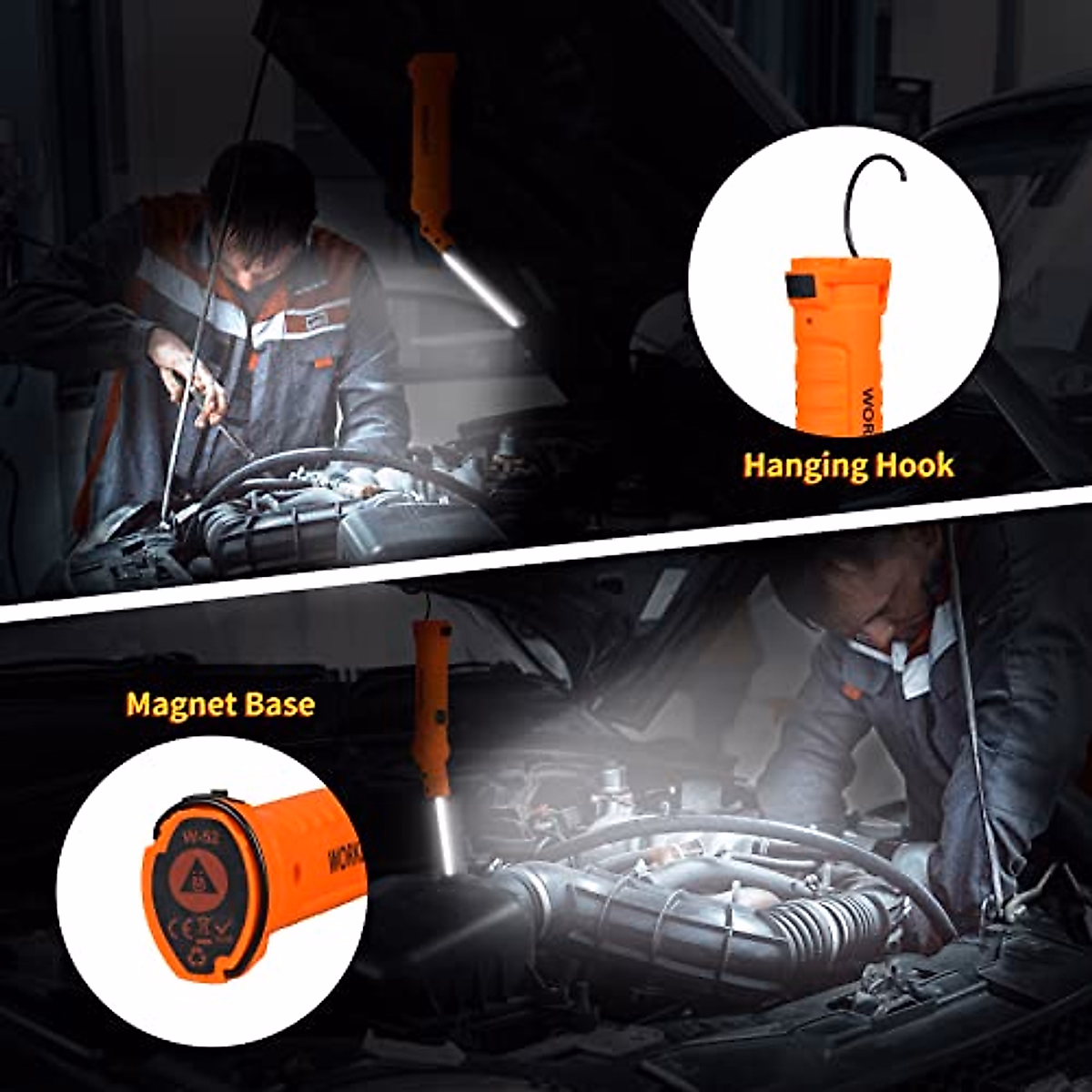 Suranew LED Worklight Flashlight, COB Rechargeable Work Lights with Magnetic Base 360 Degree Rotate and 5 Modes Portable Flood Light Inspection Construction Light for Car Repair (Orange, 2 Pack)