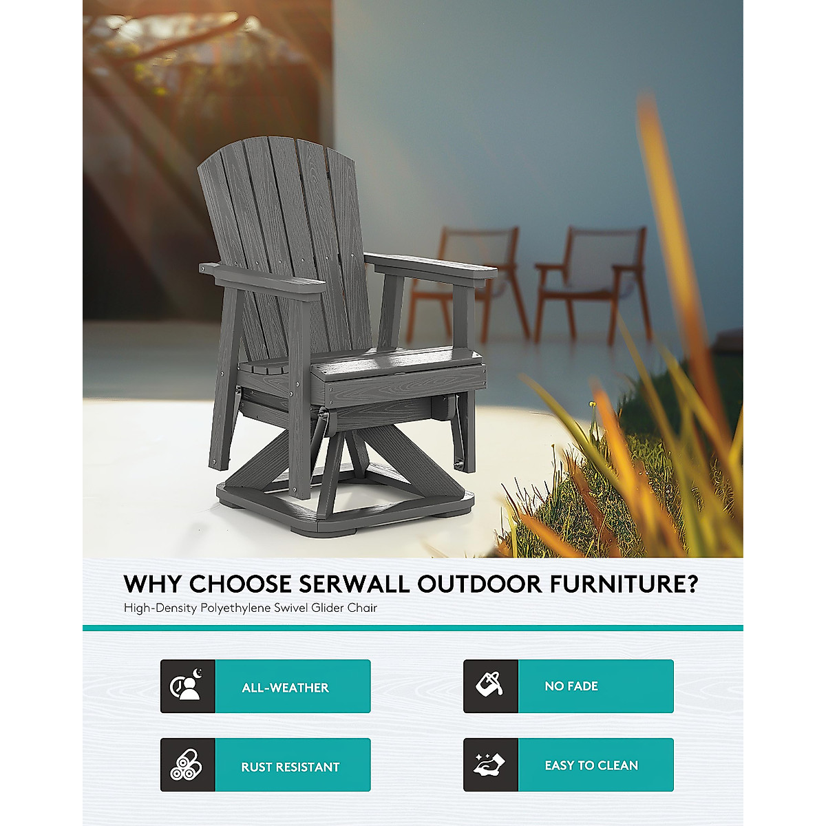 SERWALL Adirondack Swivel Glider Chair, HDPE Swivel Glider for Outdoor, All-Weather Glider Chair for Porch, Balcony, Slate Grey