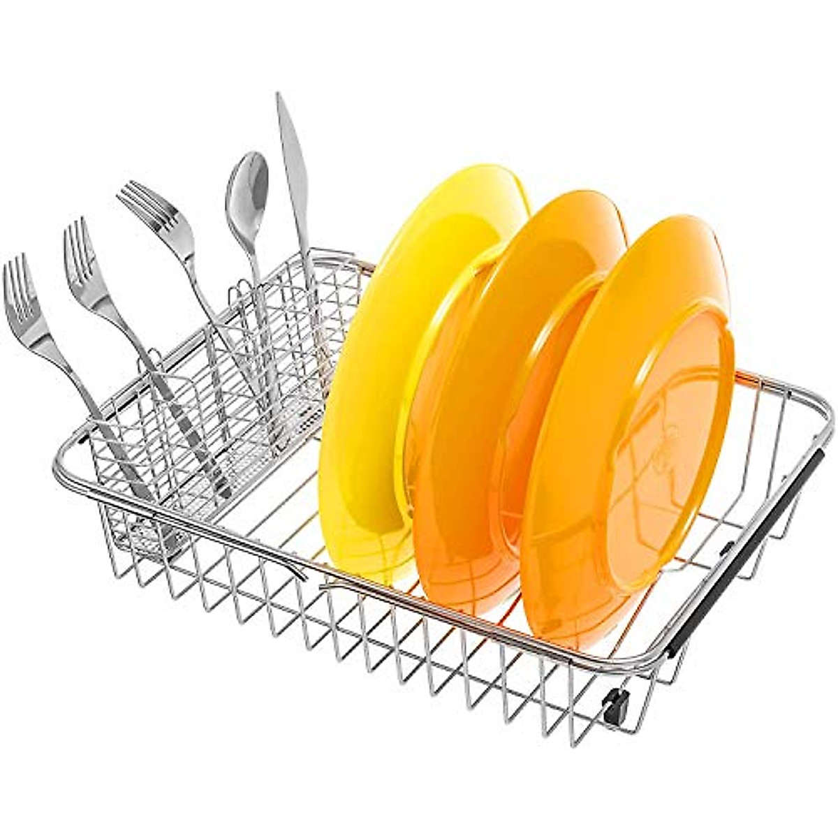 blitzlabs Dish Drying Rack Expandable Dish Drainer Rack Large Drain Dish Rack Shelf in Sink or Over Sink or On Counter Stainless Steel Dish Rack with Utensil Silverware Cutlery Holder