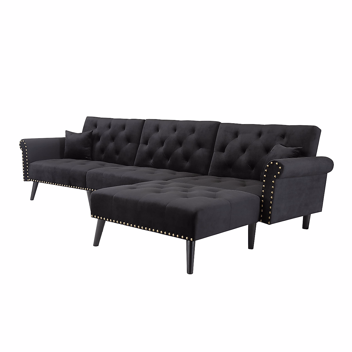 KoiHome Sectional Sofa Right Hand Facing Velvet Button Tufted, L Shape Chaise with Nail Head Detail, Modern 4 Seat Cushion & Wood Leg, 2 Pillows, Couch for Living Room,Office, Black