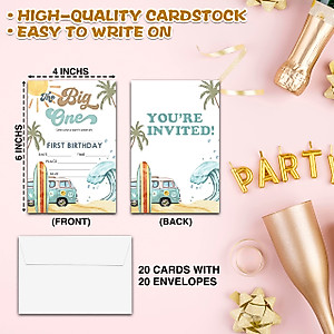 Chuxvon 1st Birthday Party Invitations, Surf Birthday Invitations, Double-Sided Retro Surf Van Surfboard Themed Fill In Invites, Beach Birthday Party Decorations, 20 Cards With 20 Envelopes(B01)