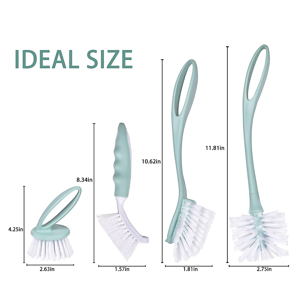 Perastra Dish Brush with Handle, Kitchen Dish Scrub Brush Set, 4-Piece Kitchen Cleaning Brush Set for Pots and Bottles, Nordic Green