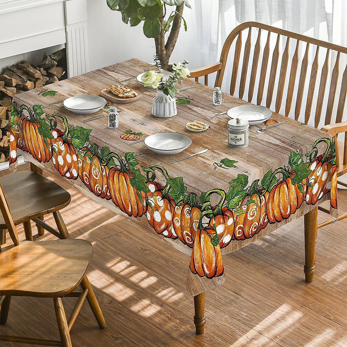 Horaldaily Fall Tablecloth 60×84 Inch Rectangular, Thanksgiving Autumn Harvest Orange Wood Plank Grain Pot Pumpkin Table Cover for Party Picnic Dinner Decor