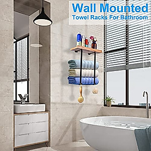 Towel Racks for Bathroom Wall Mounted, KULVGDA Towel Storage Holder for Bathroom Wall with Wooden Shelf & 2 Hooks, Wall Towel Rack Towel Organizer for Small Bathroom, Washcloths, Rolled Bath Towels