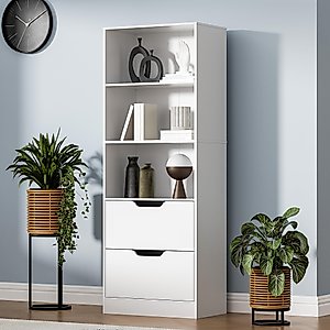 Housoul Bookcase with 2 Drawers, 63" 3-Tier Bookshelf with Storage, 3 Shelf Bookcase with Adjustable Shelf, Modern Bookshelf, Open Shelves Bookcase for Study, Bedroom & Home Office, White