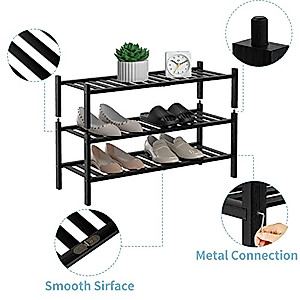RONGJIA 3-Tier Natural Bamboo Shoe Rack - Stackable Storage Shelf with Multi-Function Combinations - Free Standing Shoe Racks for Convenient Shoe Organization（Black） 11" D x 27" W x 20" H